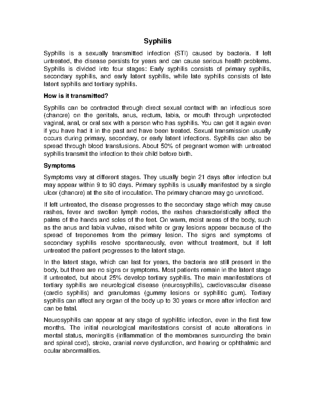 Syphilis - Detailed Overview and Stages of Infection in English - Studocu