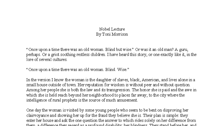 Toni Morrison Nobel Lecture: Language, Power, and Responsibility - Studocu