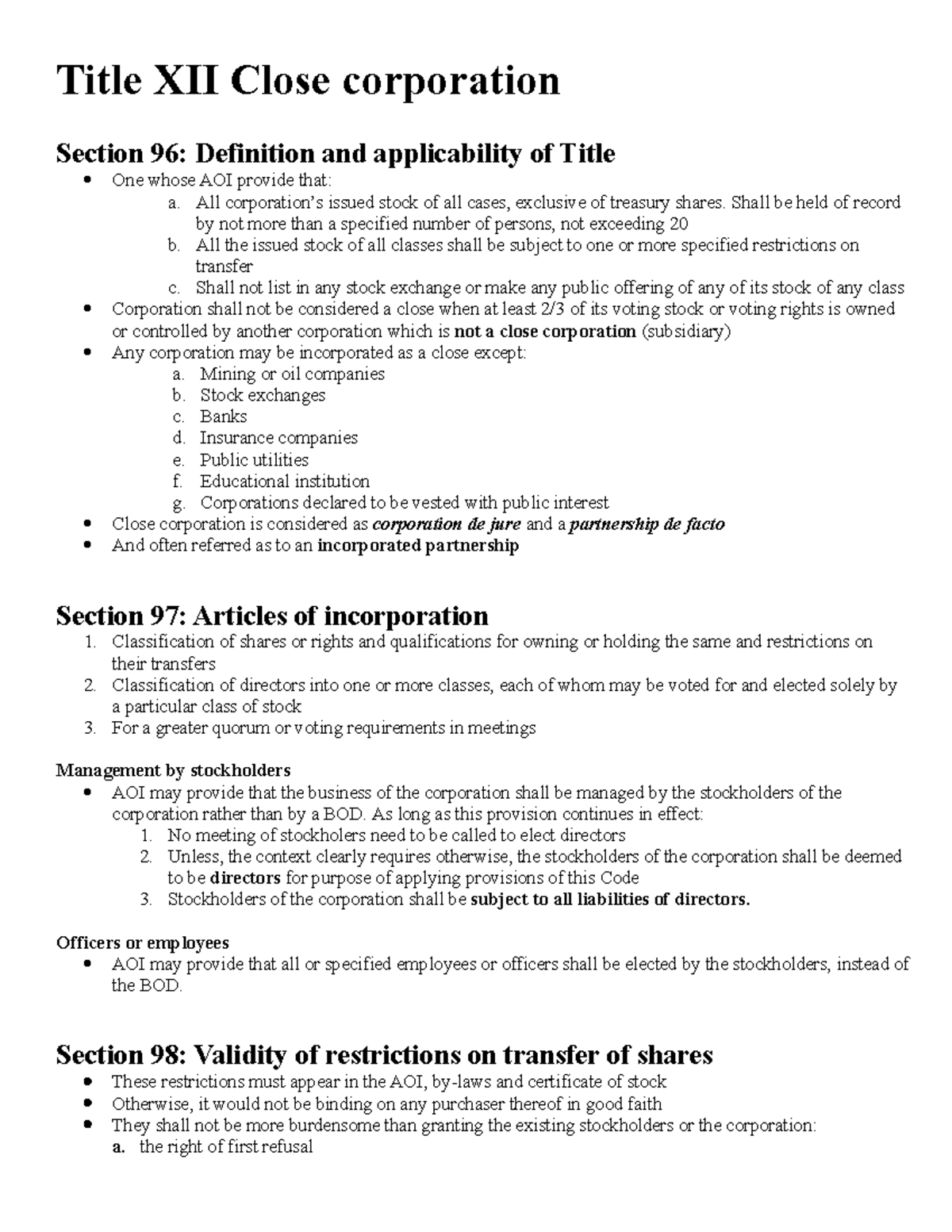 Title XII: Close Corporation - Definition, Articles, and Share ...