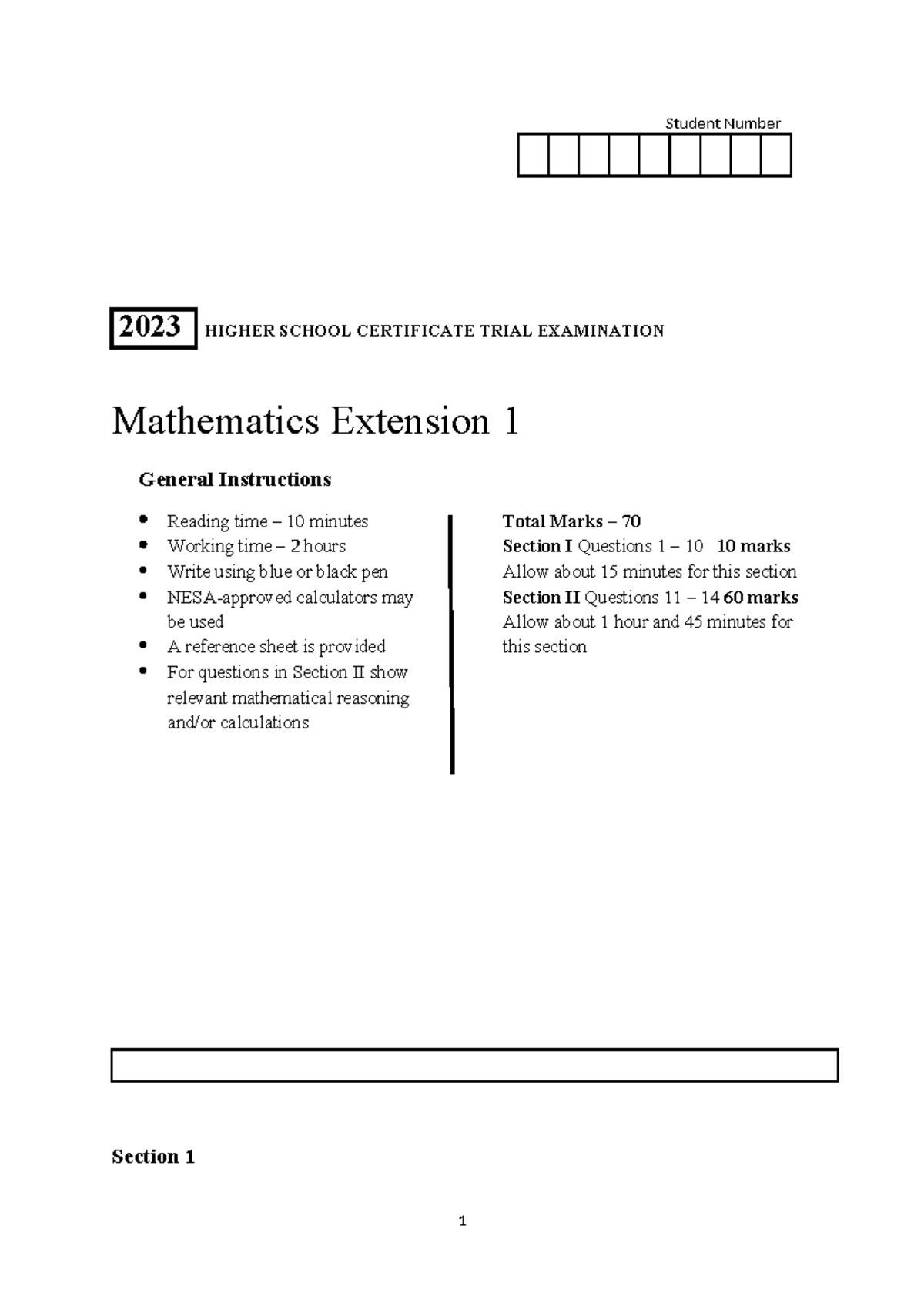 2023 HSC Mathematics Extension 1 Trial Exam Paper 2 - Studocu