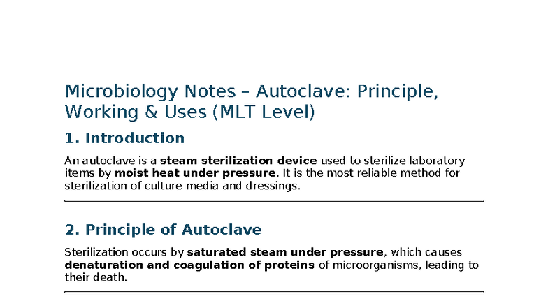 Autoclave: Principles, Working, Uses & Precautions (MLT Level) - Studocu