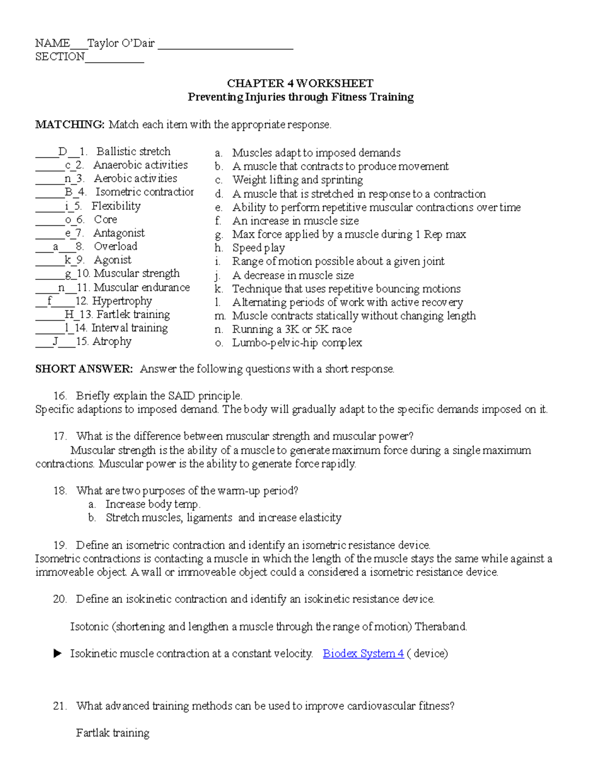 Chapter 4 Sport Medicine, Worksheet Preventing Injuries Fitness And ...