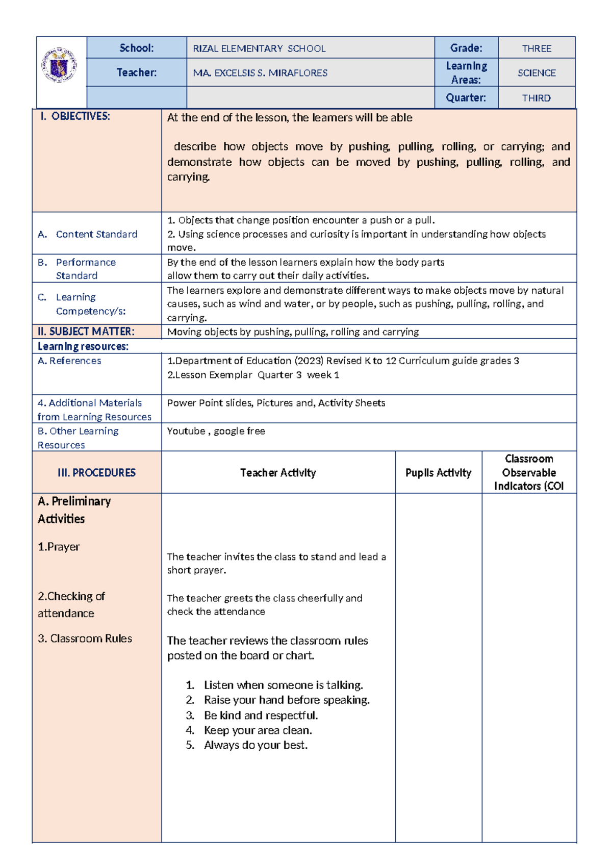 Lesson Plan in Science 3 - Final Inset Plan on Object Movement - Studocu