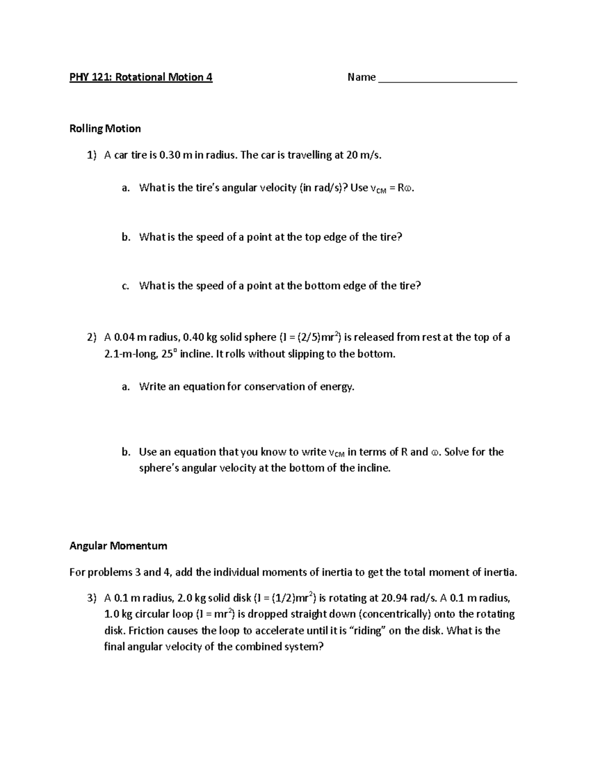 PHY 121: Rotational Motion 4 - Lab Problems and Solutions - Studocu