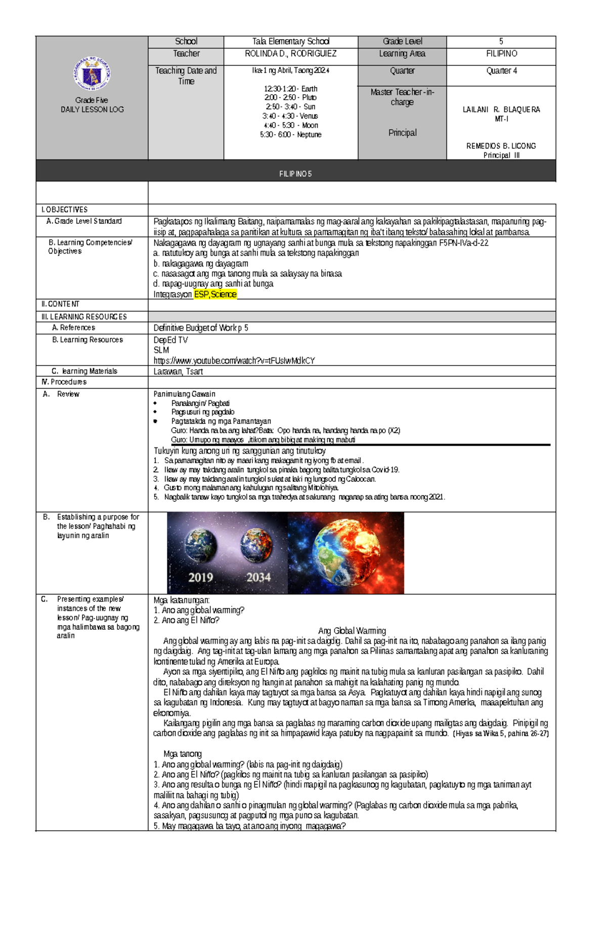 Q4-Filipino-Grade 5-Lesson Log: Sanhi at Bunga Activities - Studocu