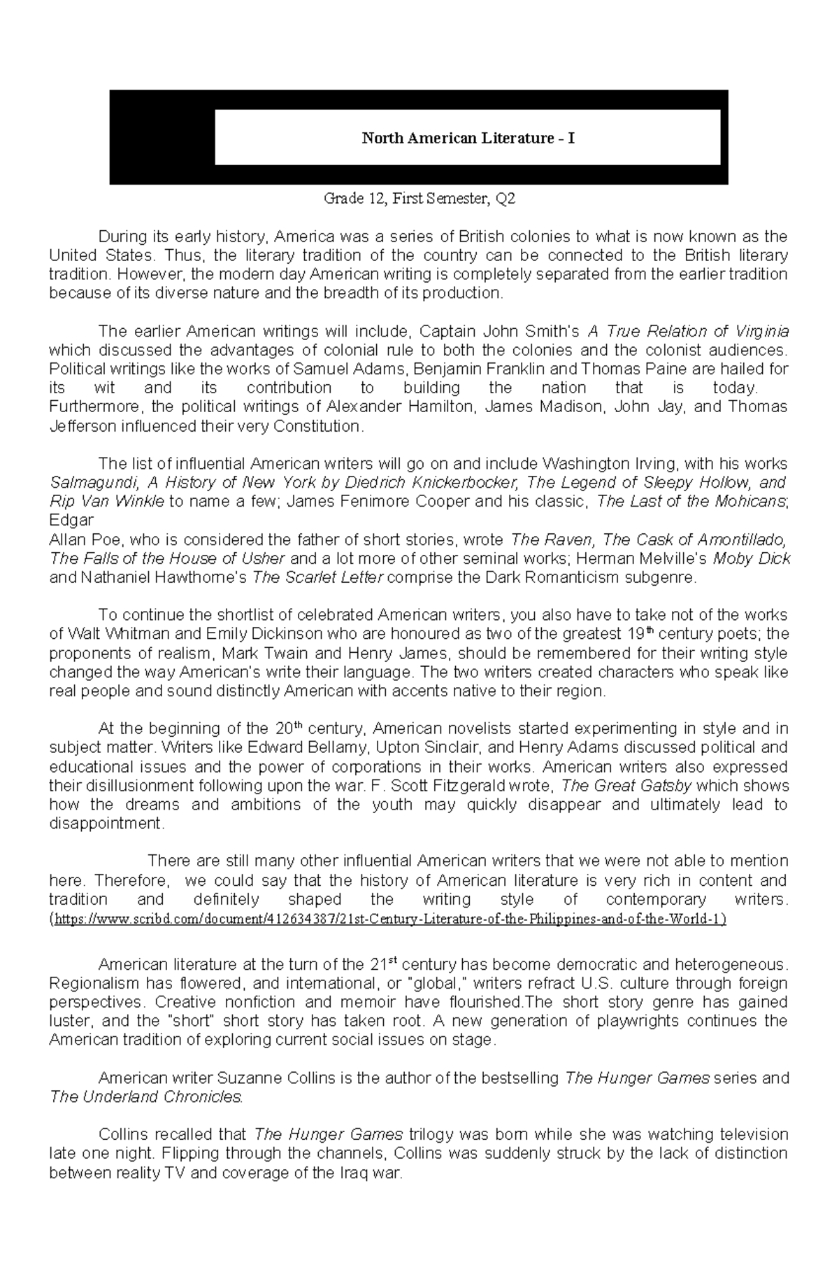 North American Literature I Grade 12: First Semester Overview - Studocu