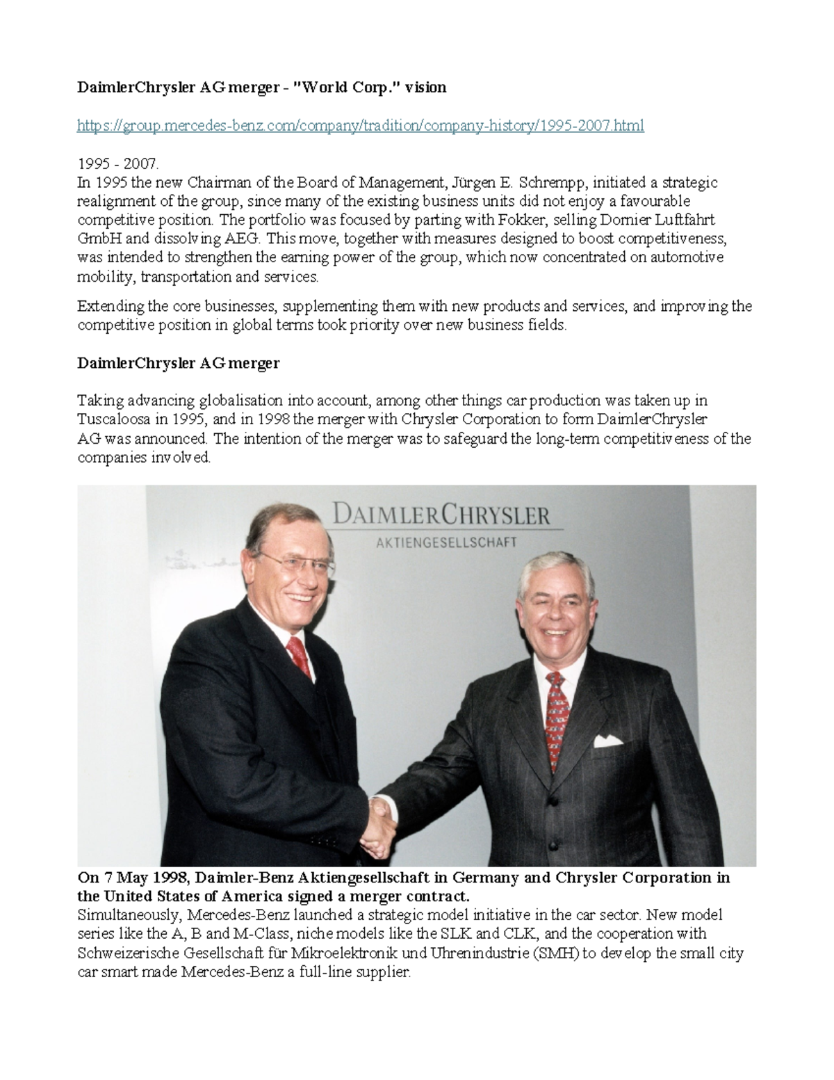 DaimlerChrysler AG Merger: Evolution and Impact (1995-2007) - Studocu