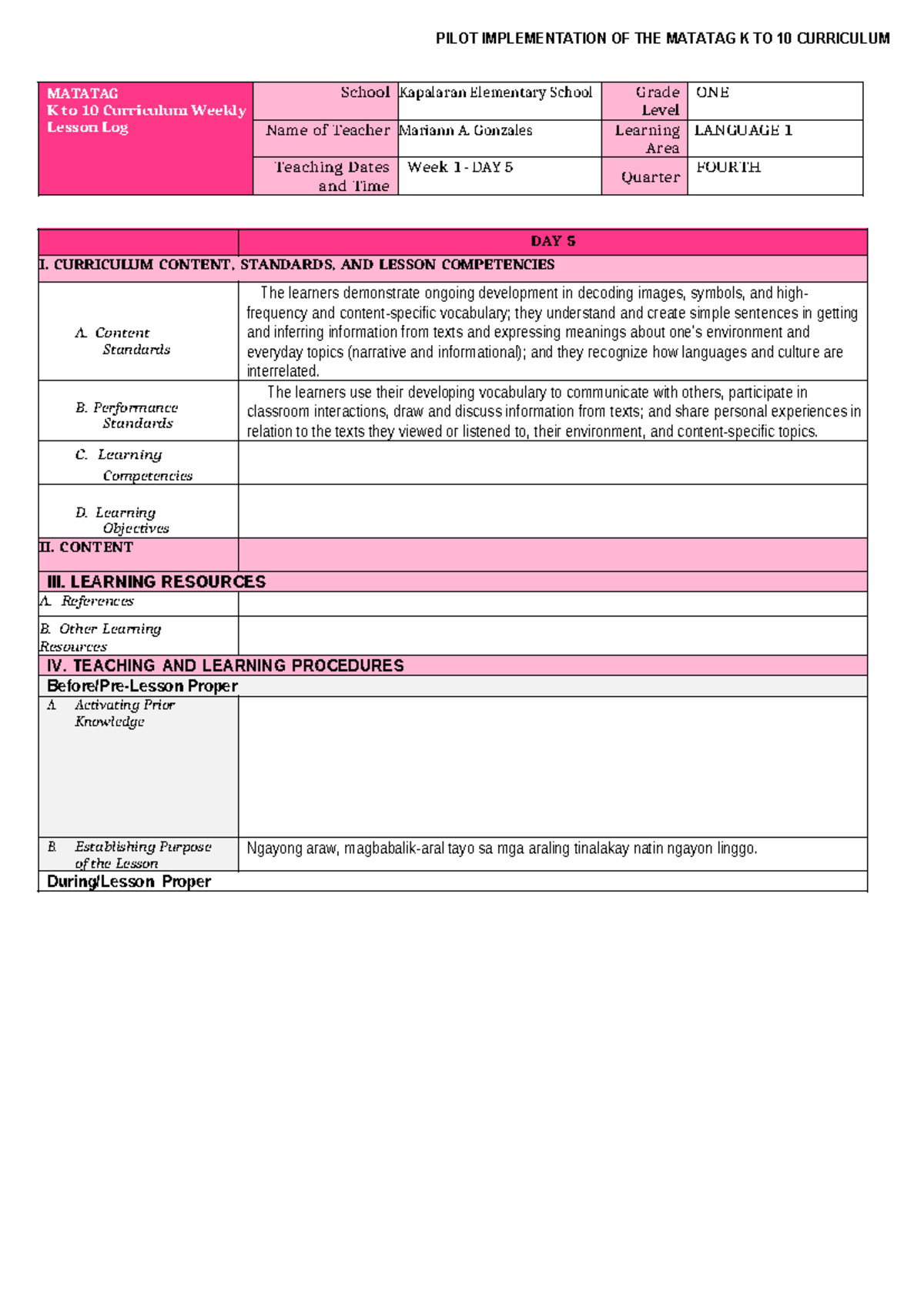 Language W1 D5 - sample activity sheet - 1 MATATAG K to 10 Curriculum ...