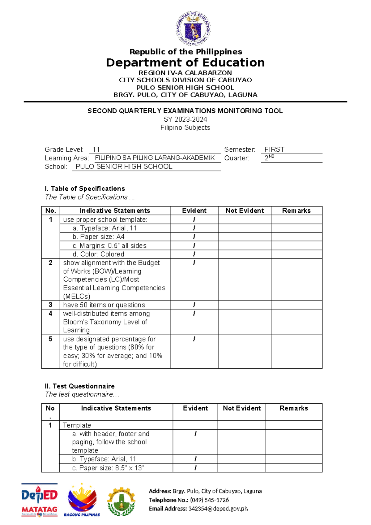 FPL-AKAD-2nd Quarter Exam Monitoring Tool for Grade 11 Filipino - Studocu