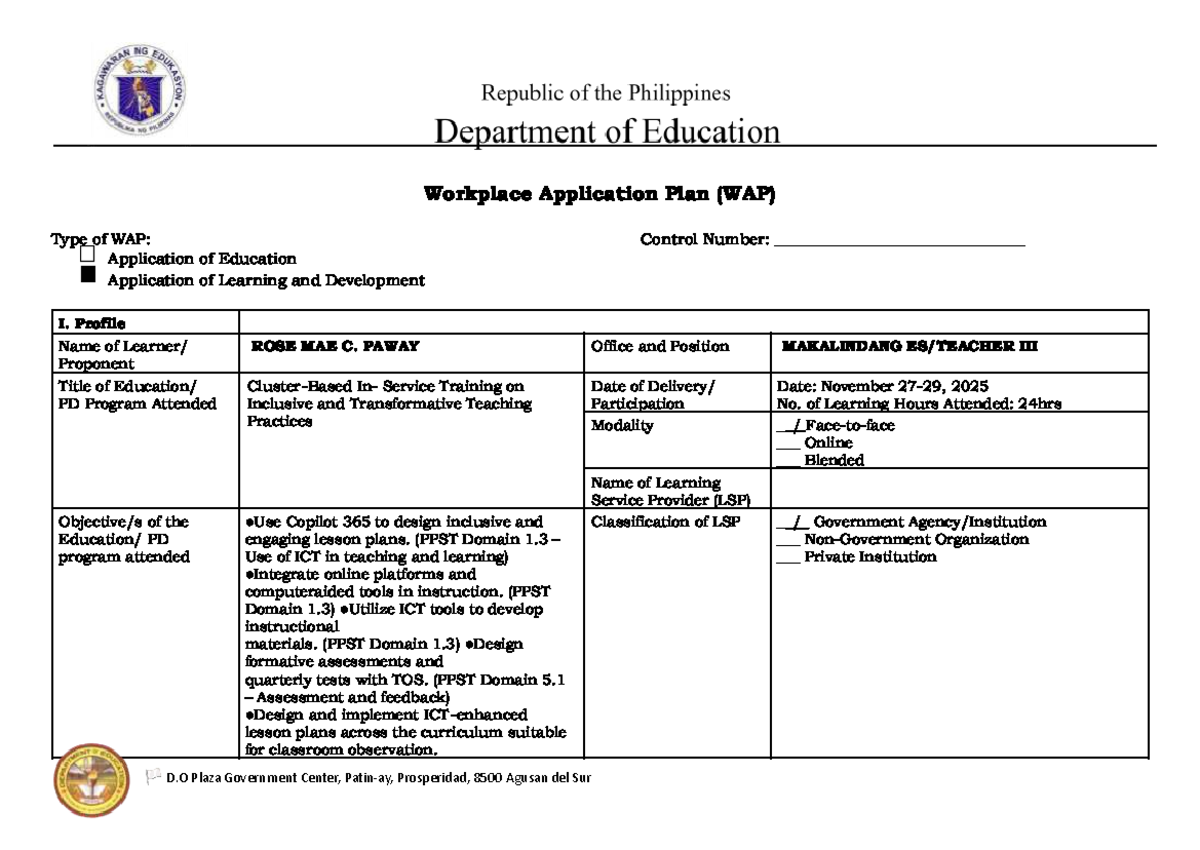 Workplace Application Plan (WAP) for Inclusive Teaching Practices - Studocu