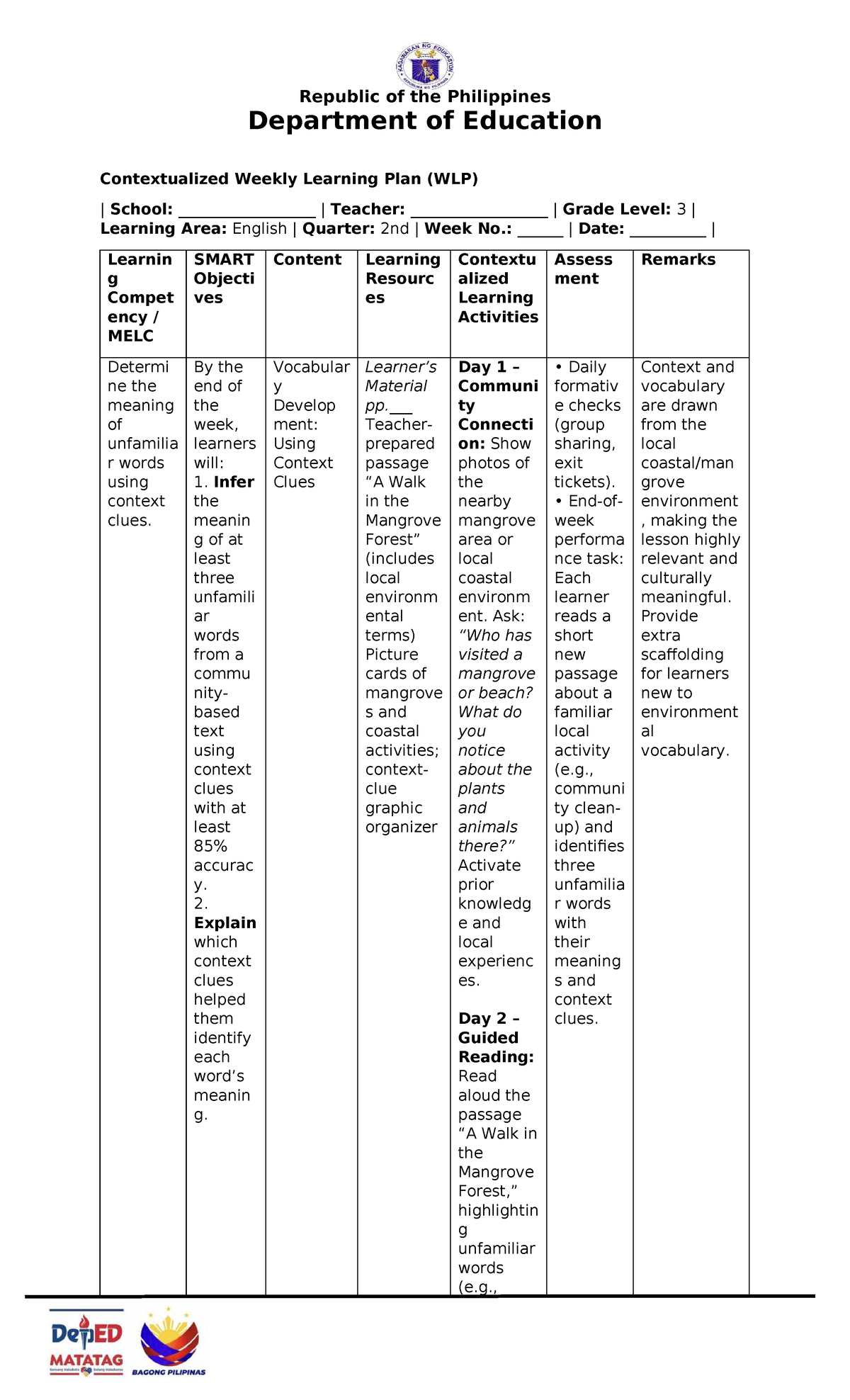 WLP- Grade 3: Context Clues & Vocabulary Development Plan - Studocu