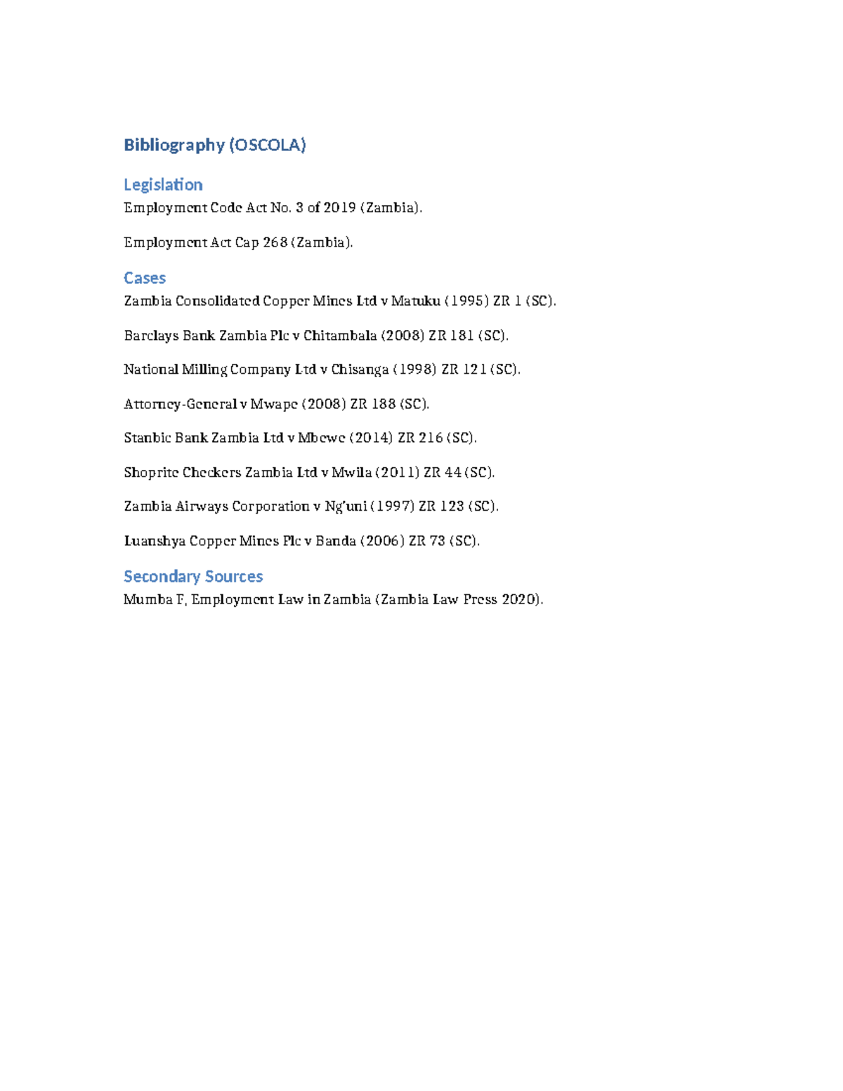 OSCOLA Bibliography & Footnotes for Employment Law (Zambia) - Studocu