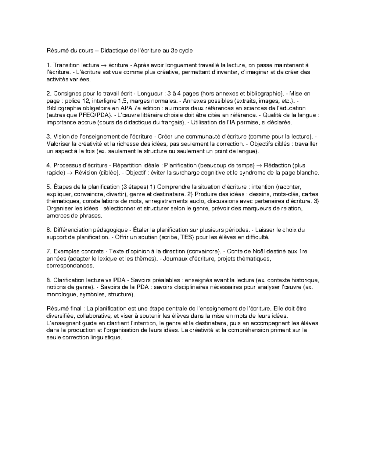 Résumé du cours Didactique 3e cycle - Semaine 5 - Studocu