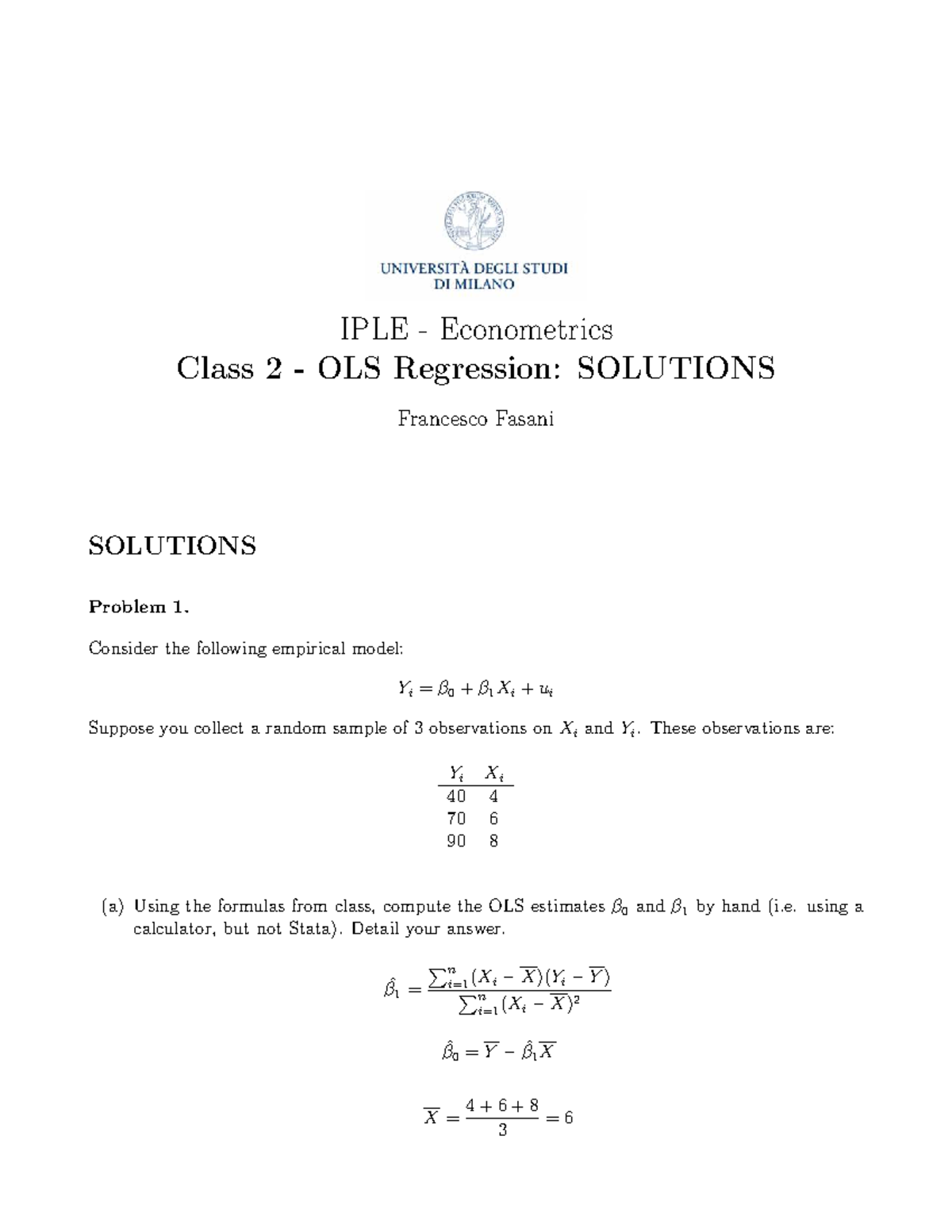 IPLE Econometrics Class 2 OLS Regression Solutions by F. Fasani - Studocu