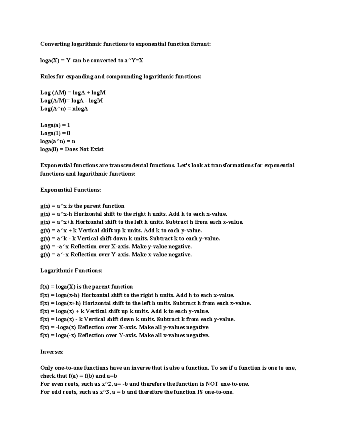 Pre Calculus (MATH 101) Chapter 5 Study Guide: Logarithmic ...