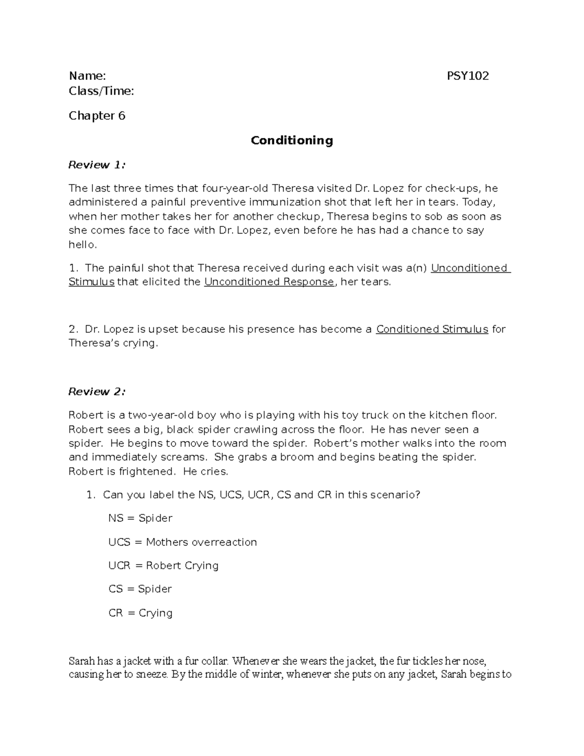 Chapter 6 Classical Conditioning Worksheet - Name: PSY Class/Time ...