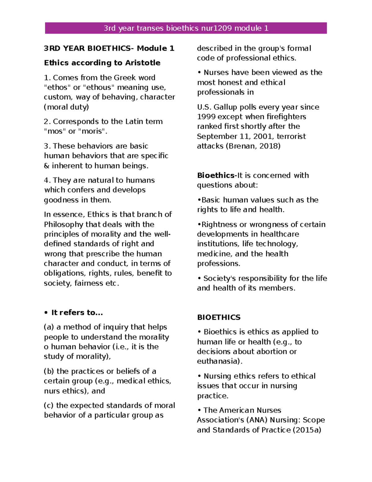 NUR1209 Module 1: Ethics and Bioethics in Nursing Practice - Studocu