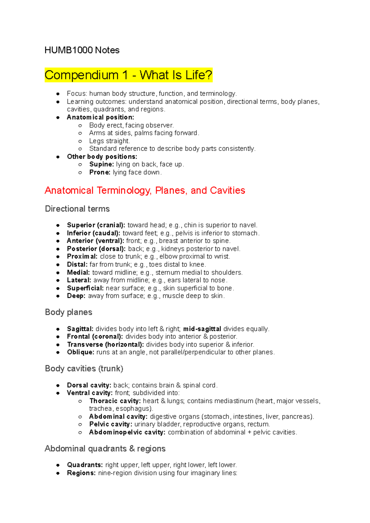 HUMB1000 Notes Compendium 1-12: Understanding Human Body Structure and ...