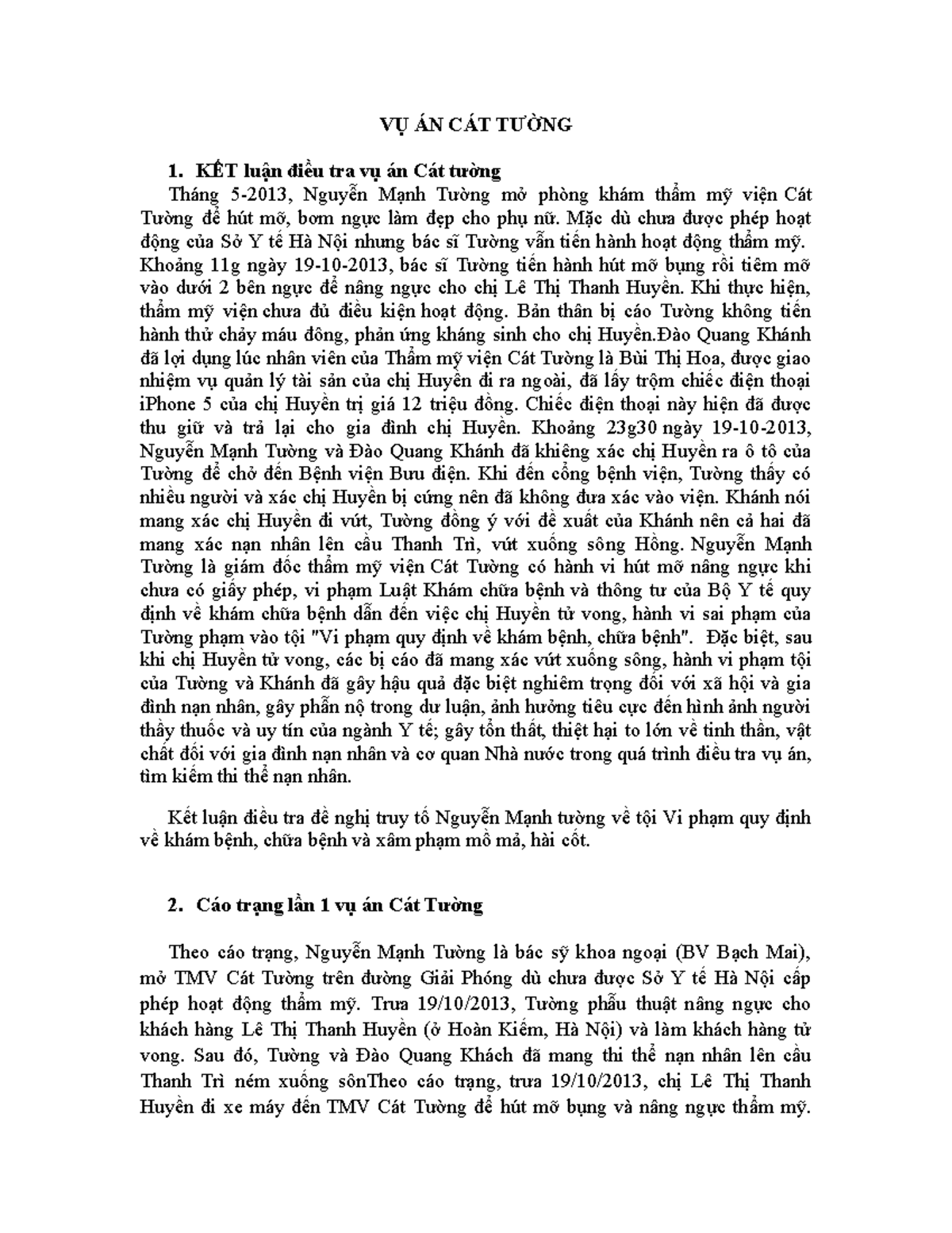 Tóm tắt Vụ Án Cát Tường: Kết Luận Điều Tra và Xét Xử - Studocu