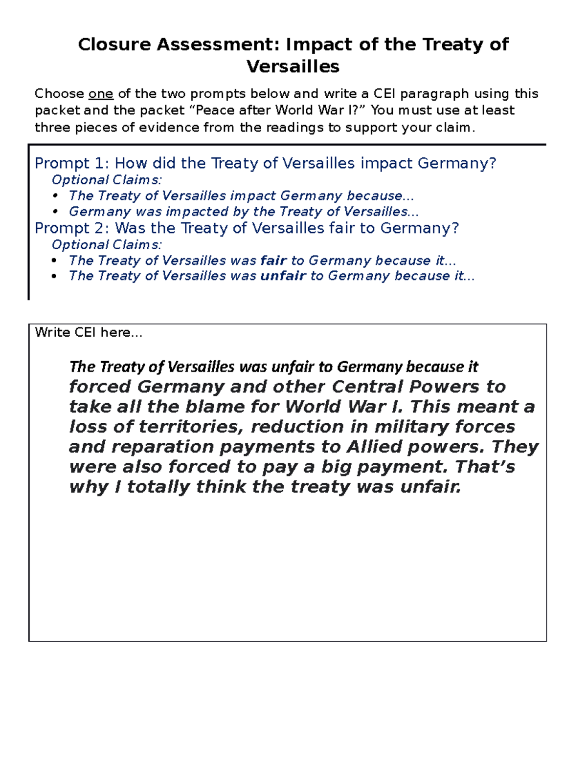 Closure Assessment: The Impact of the Treaty of Versailles - Studocu