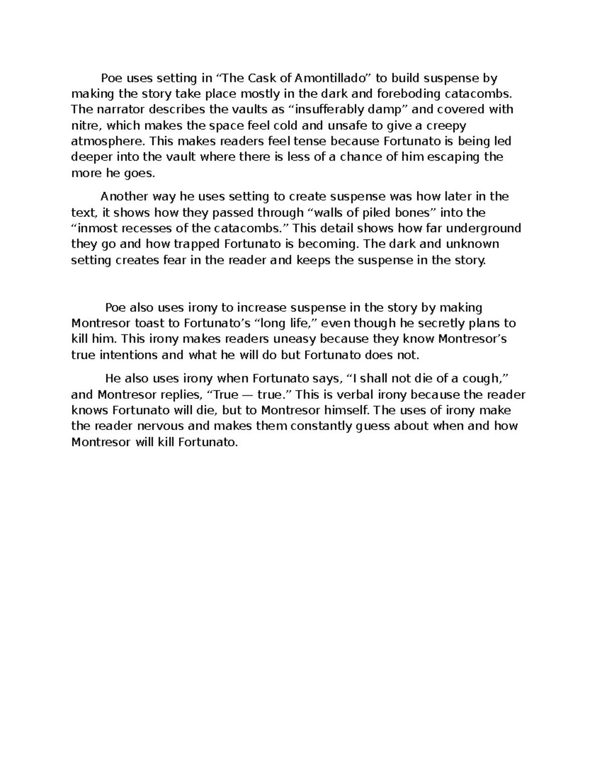 Poe's Use of Setting and Irony in "Cask of Amontillado" Analysis - Studocu