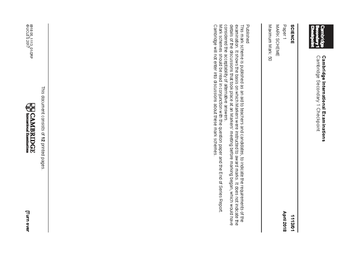 Cambridge Secondary Checkpoint SCIENCE (1113) April 2018 Mark Scheme ...