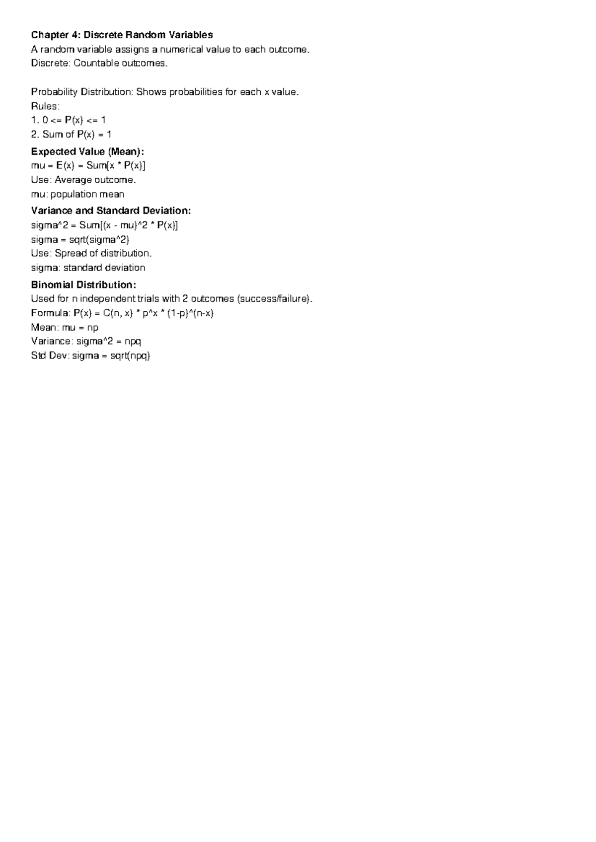 Statistics Exam Cheat Sheet: Chapter 4 - Discrete Random Variables ...