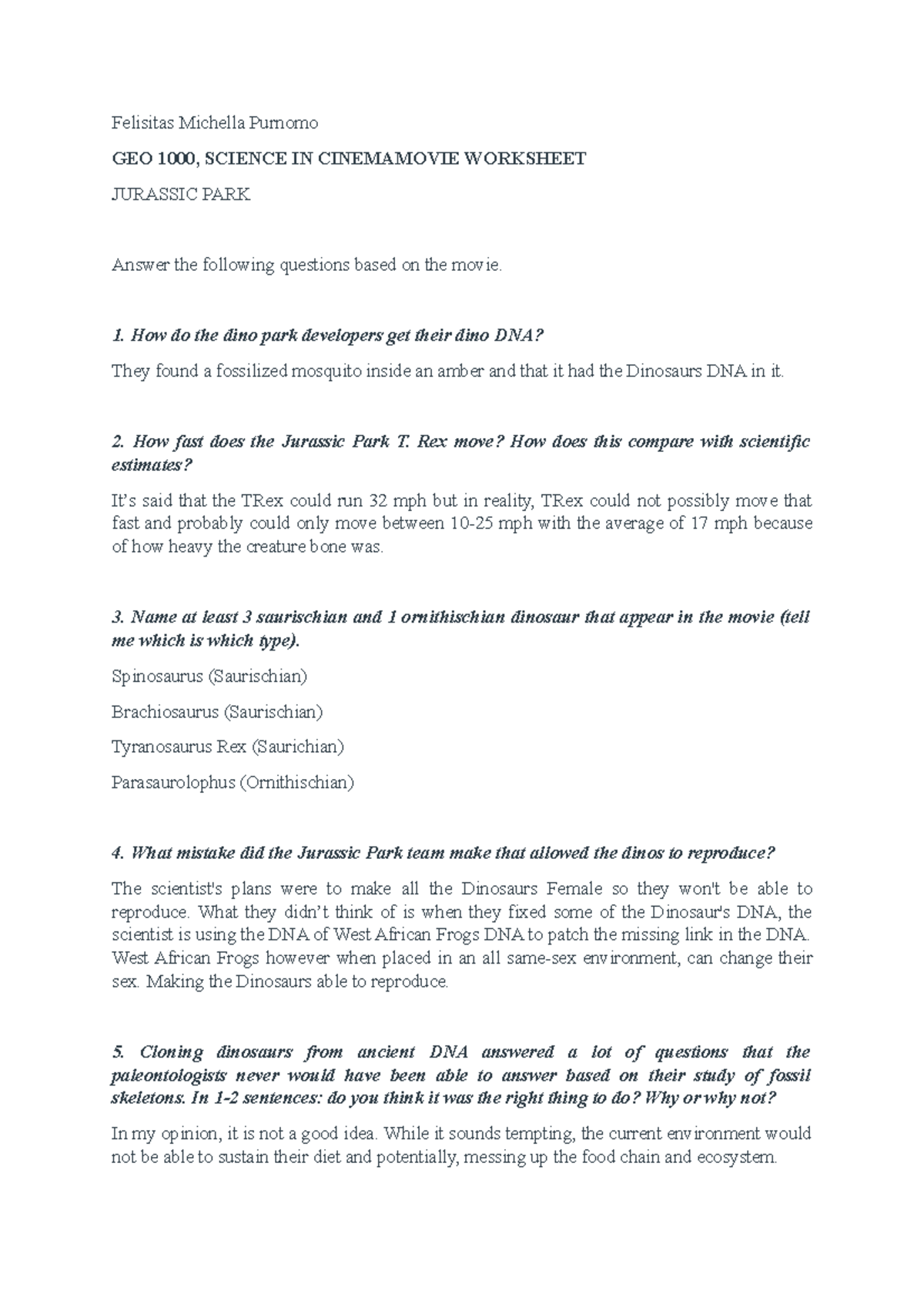 GEO 1000 Science in Cinema: Jurassic Park Movie Worksheet Analysis ...