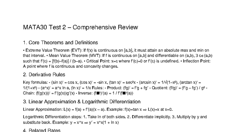 MATA30 Test 2 Comprehensive Review - Key Theorems & Concepts - Studocu