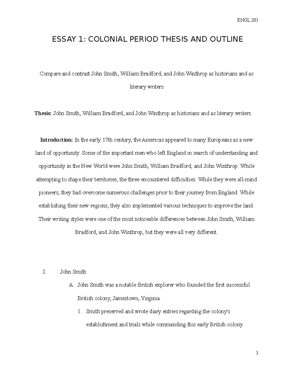 Colonial Period Thesis & Outline: John Smith, Bradford, & Winthrop ...