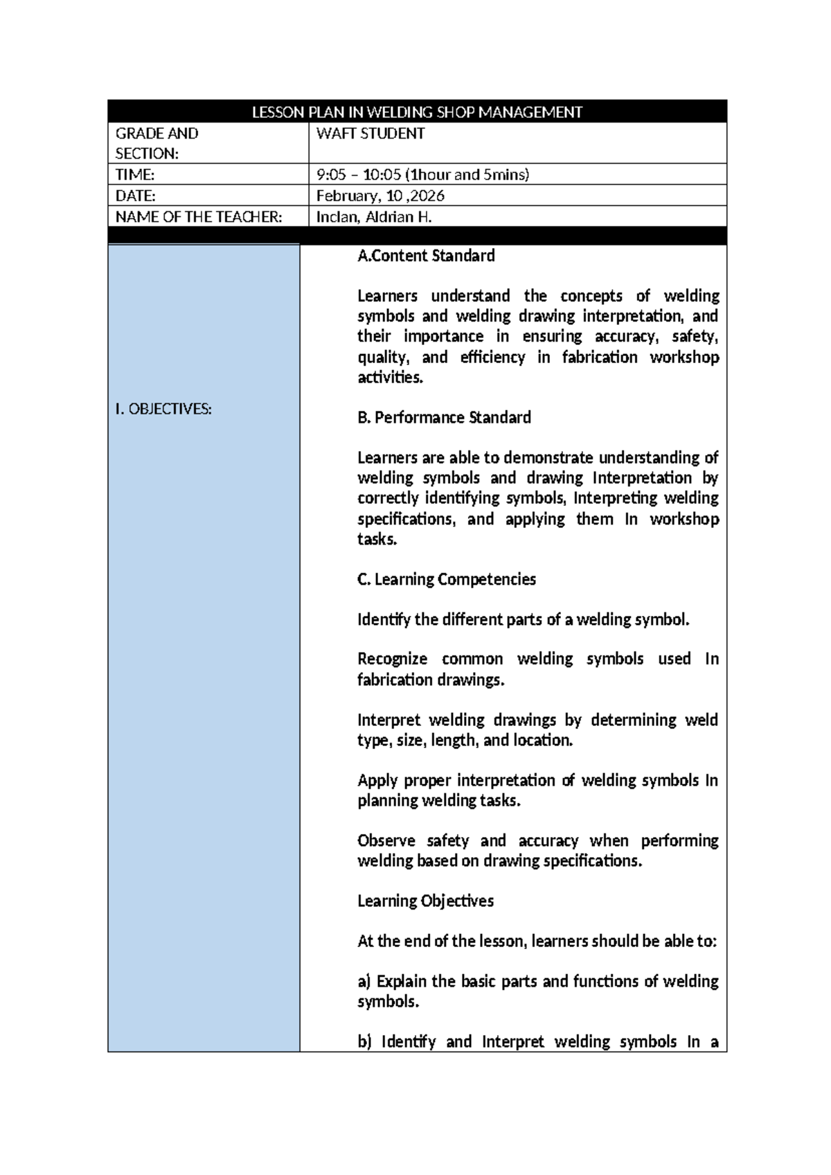 Welding Shop Management Lesson Plan (Grade WAFT) - Inclan - Studocu