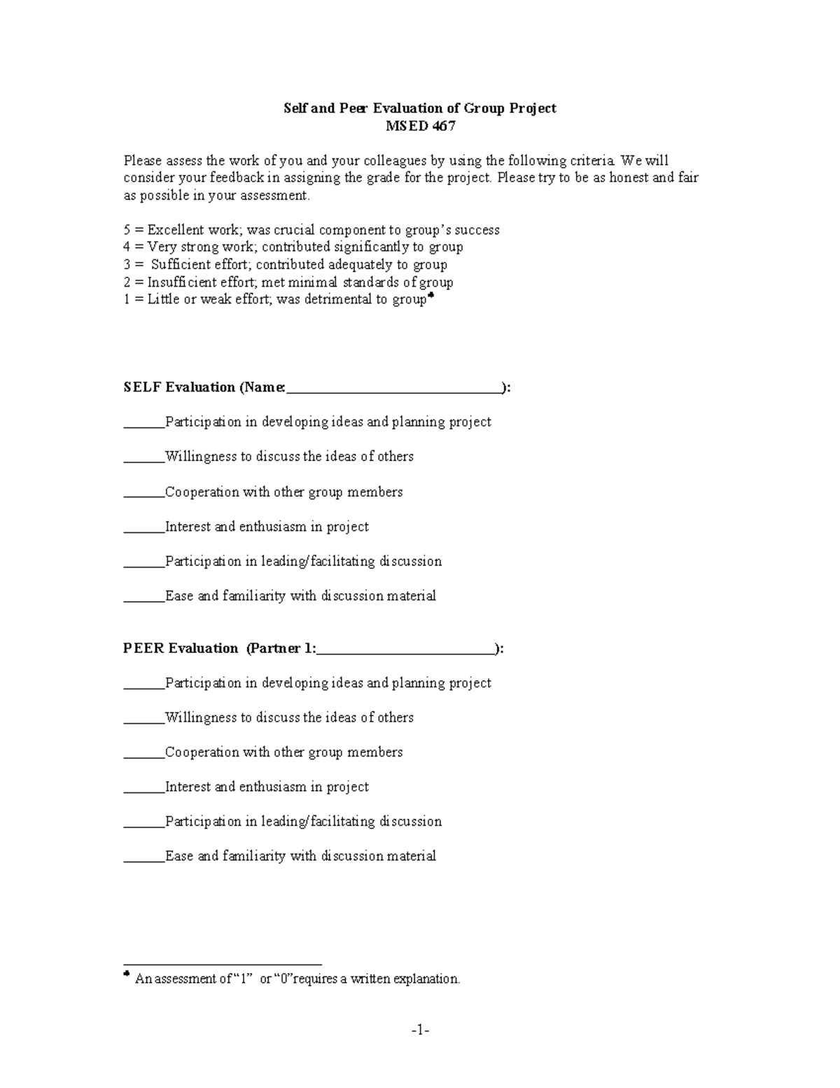MSED 467 Peer Evaluation Form for Group Project Assessment - Studocu