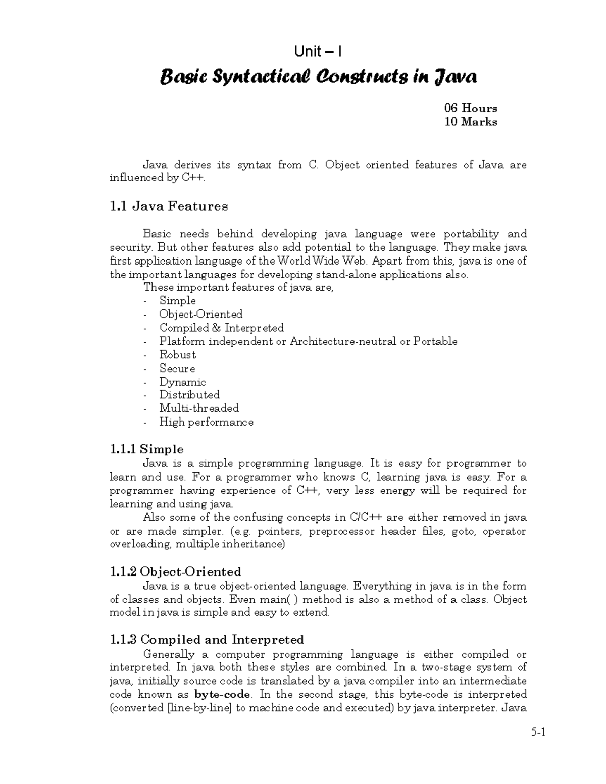 Unit 1 JAVA - Unit – I Basic Syntactical Constructs in Java 06 Hours 10 ...