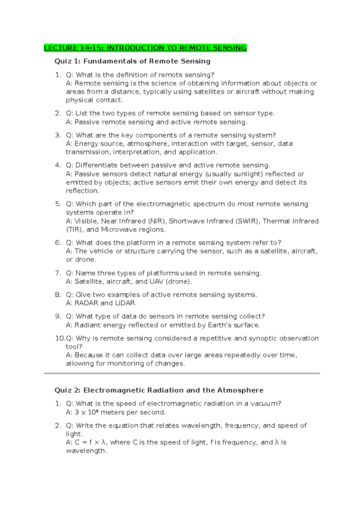 ENVS316 LECTURE: Remote Sensing Practice Quizzes - Studocu