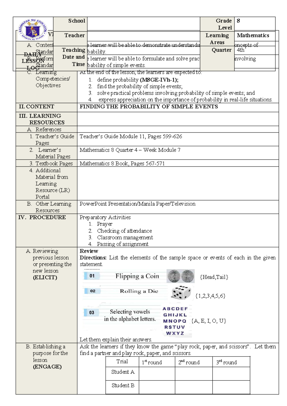 Mathematics 8: Finding Probability of Simple Events (M8GE-IVh-1) - Studocu