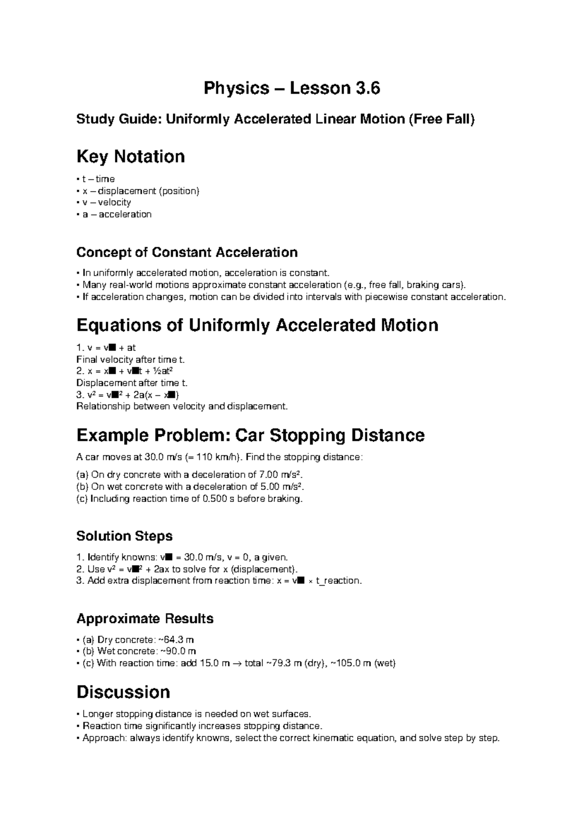 Physics Lesson 3.6 Study Guide: Uniformly Accelerated Motion - Studocu