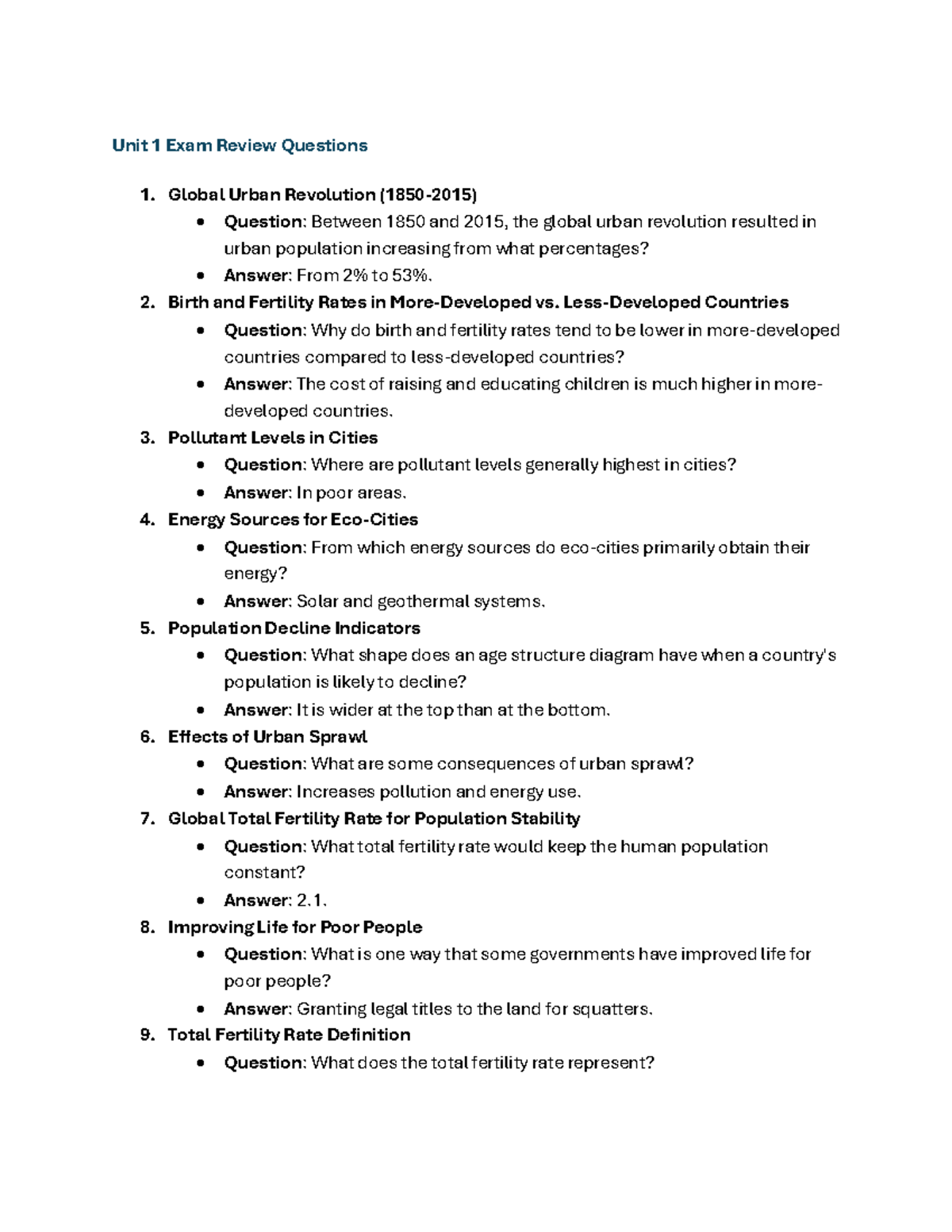 Unit 1 Exam Review: Global Urbanization & Population Dynamics - Studocu