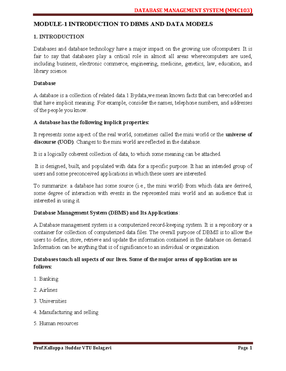 DBMS Module-1 (MMC103): Introduction to Database Management Systems - Studocu