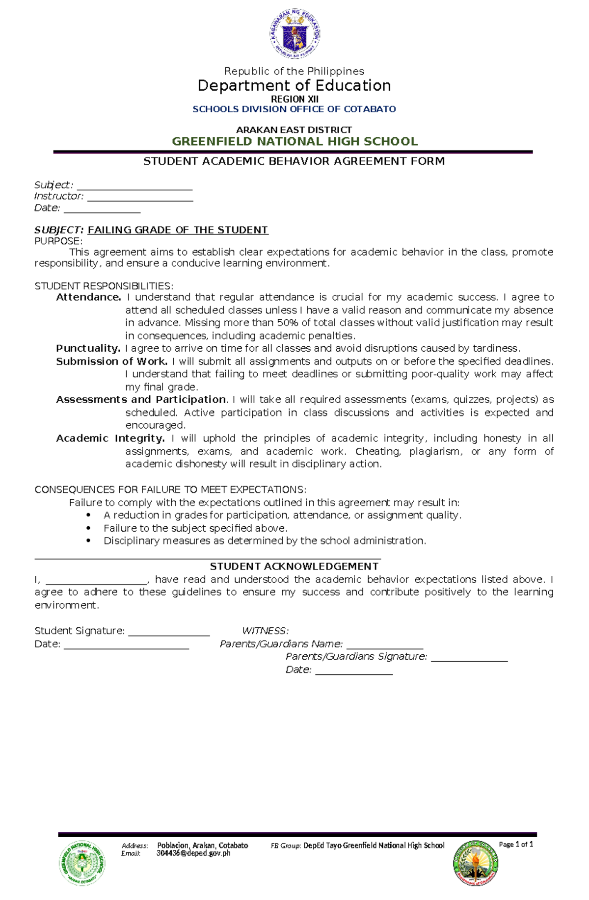 Students Academic Behavior Agreement Form - Page 1 of 1 Republic of the ...