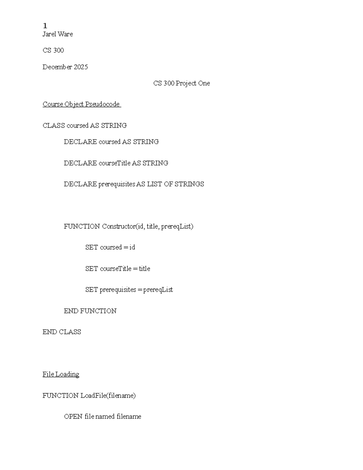 CS 300 Project One: Course Object Pseudocode and Implementations - Studocu