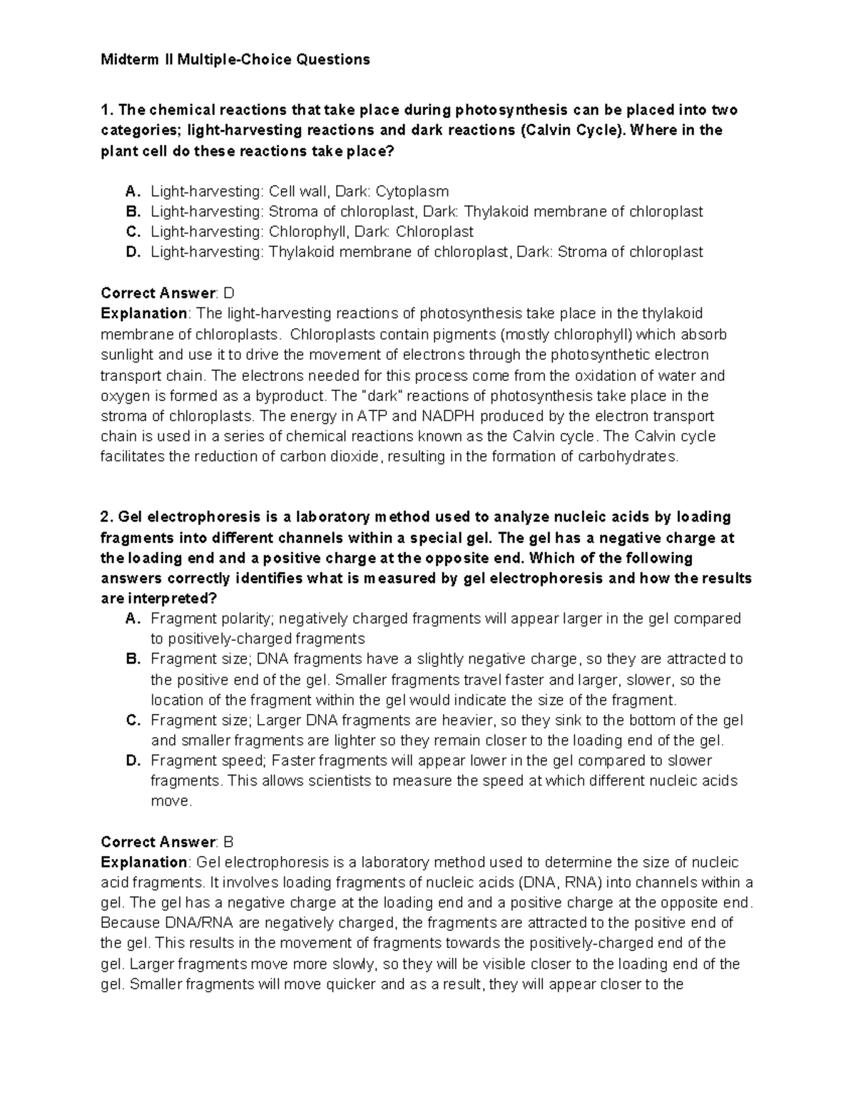 Midterm II Multiple-Choice Questions - Where in the plant cell do these ...