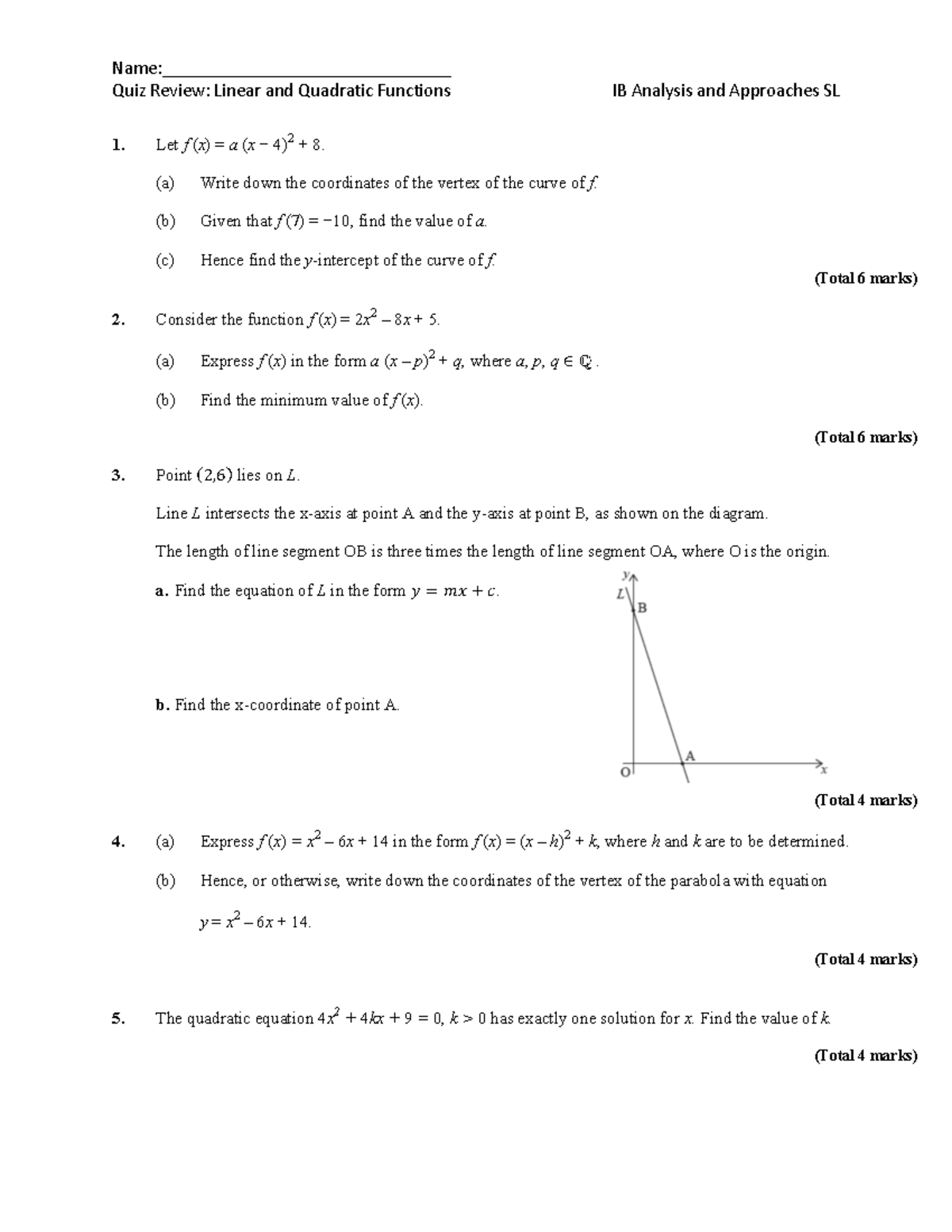 Quiz Review: Linear & Quadratic Functions IB Analysis SL - Studocu