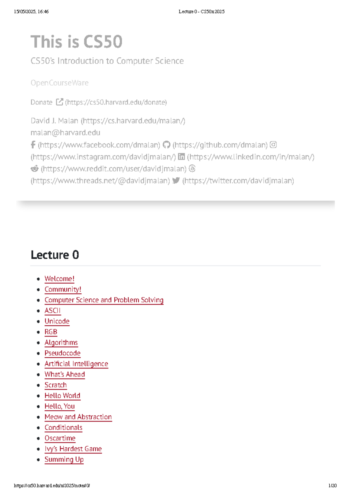 Lecture 0 - CS50x 2025 - Intro to Computer Science Overview - Studocu