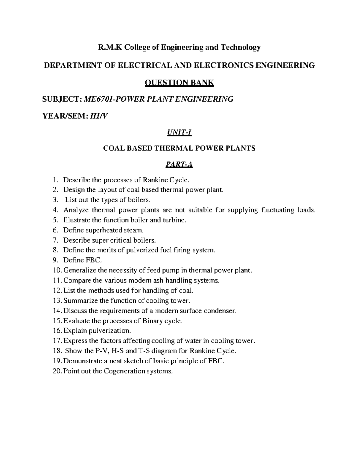 ME6701-Power Plant Engineering Comprehensive Question Bank - Studocu