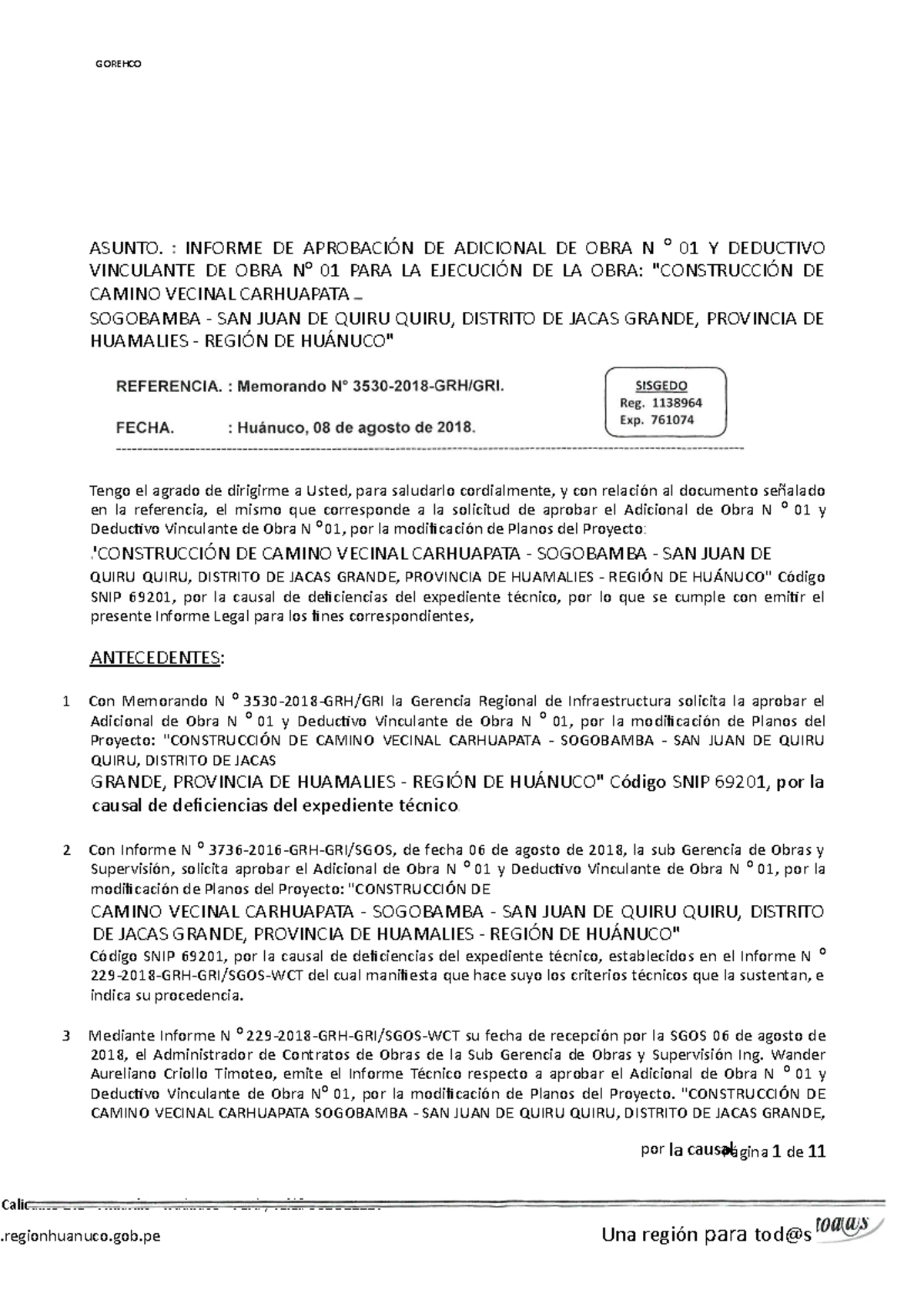 Informe de aprobacion de adicional - GOREHCO ASUNTO. INFORME DE APROBACIÓN DE ADICIONAL DE OBRA ...