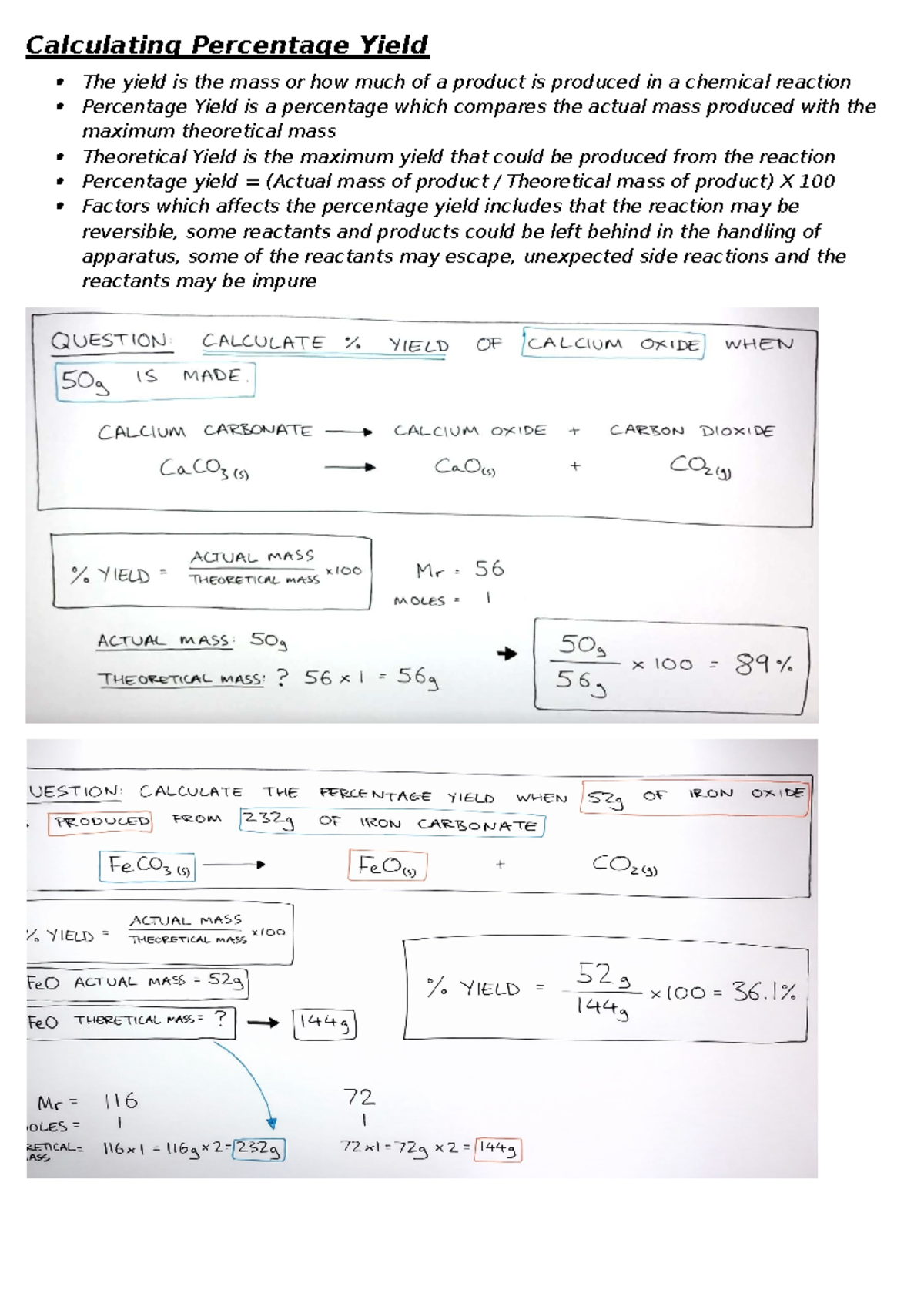 Calculating Percentage Yield in Chemical Reactions - Studocu