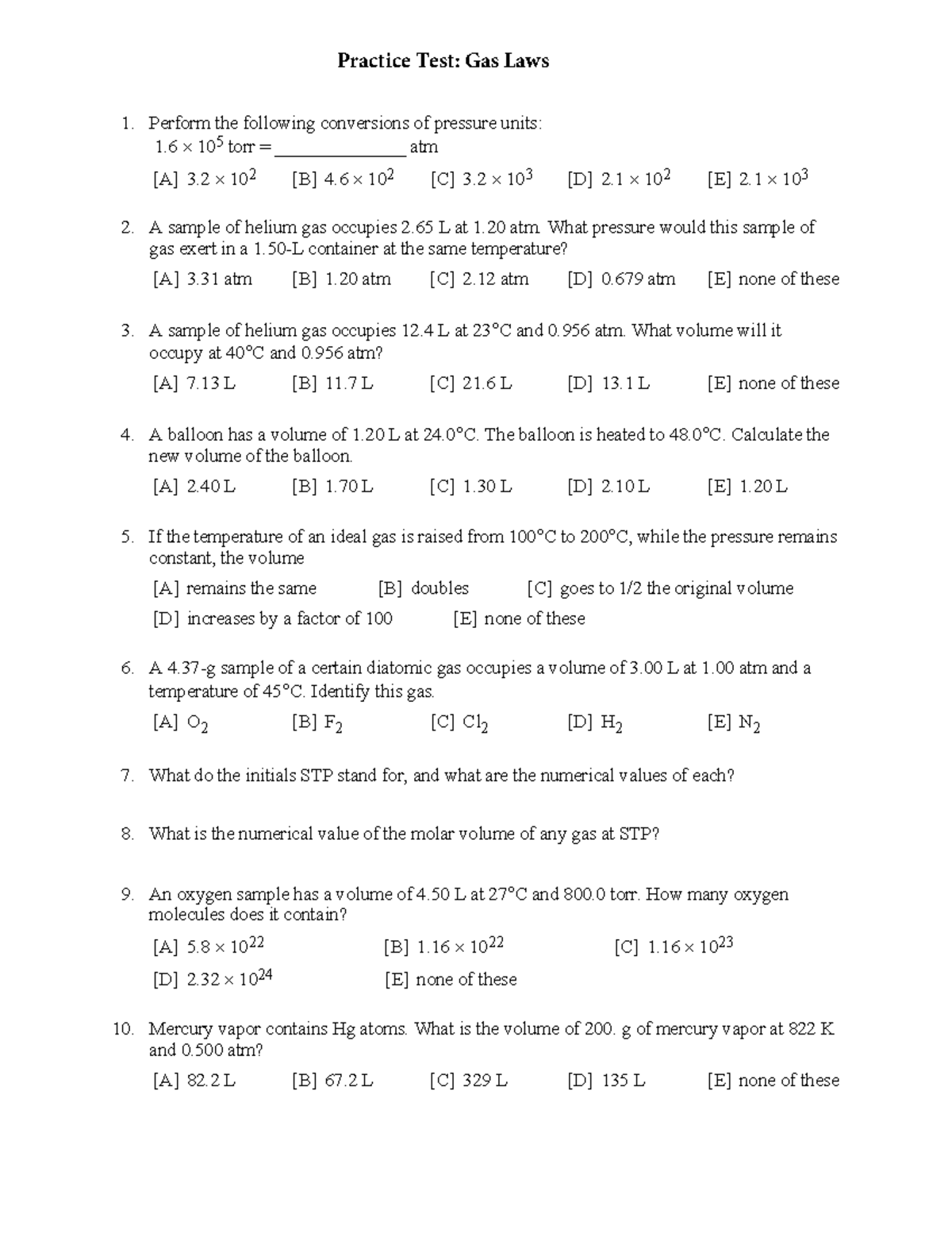 Gas Laws Practice Test - Questions & Calculations for Mastery - Studocu