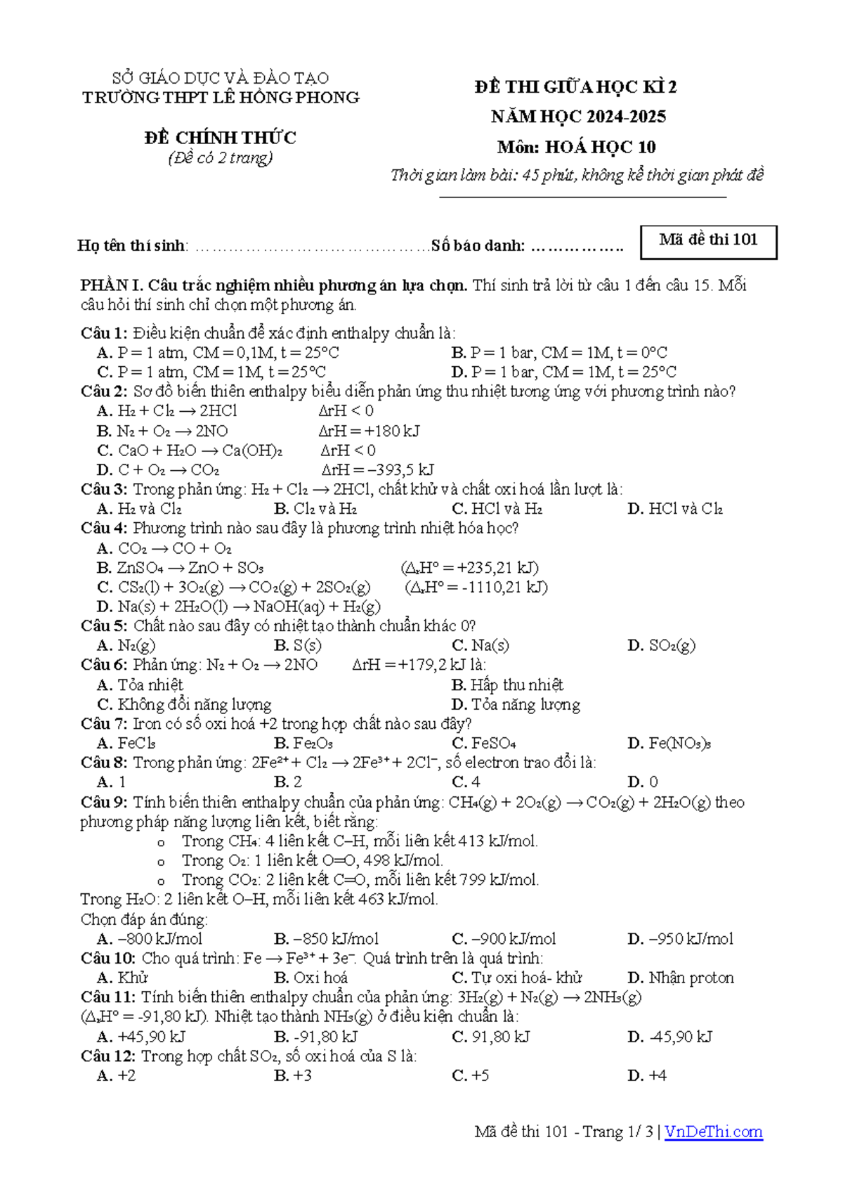 Đề Thi Giữa Học Kỳ 2 Môn Hóa Học 10 - Trường THPT Lê Hồng Phong - Studocu