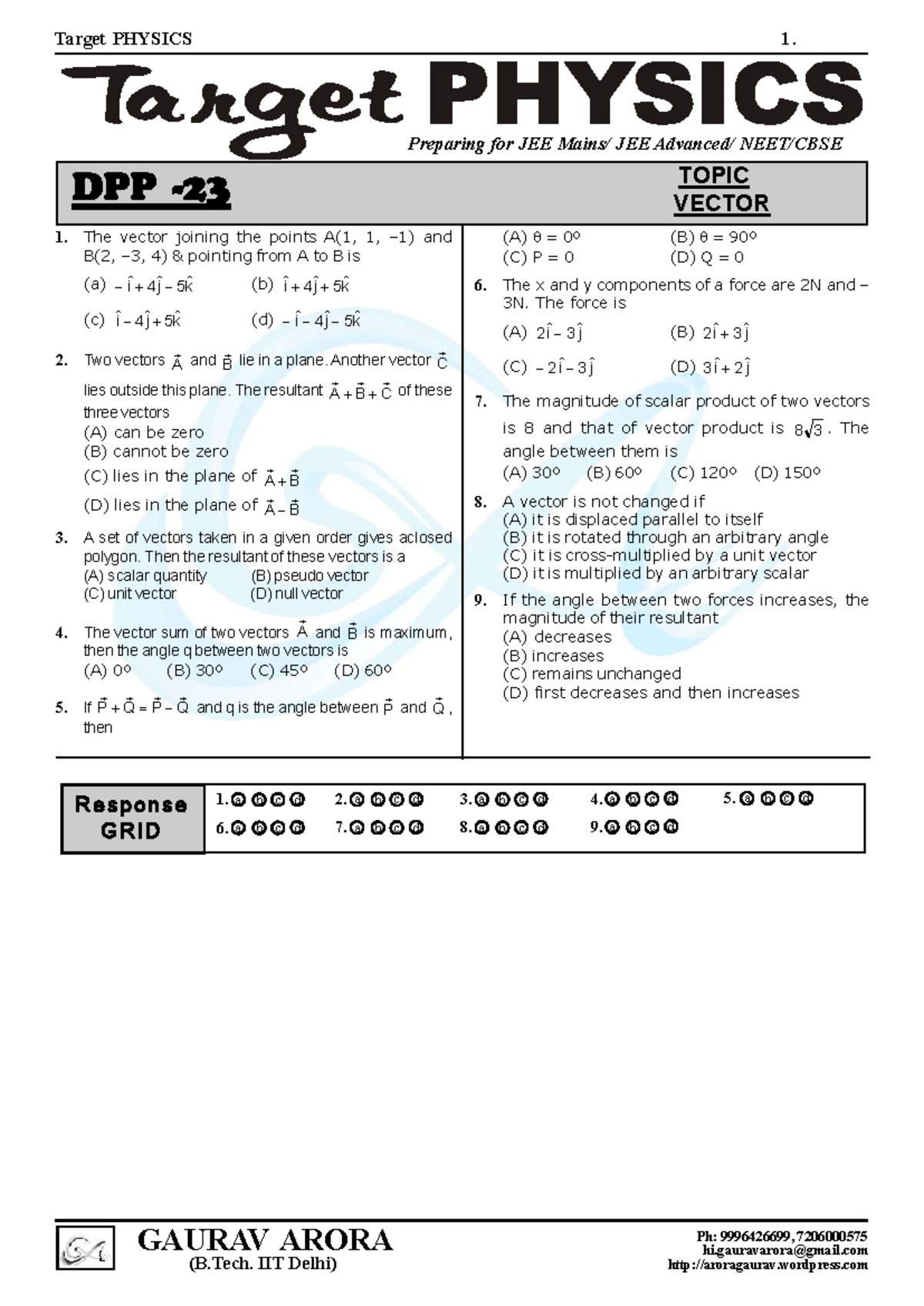 Target PHYSICS 1: JEE Vector DPP 1 - Preparation for Exam - Studocu
