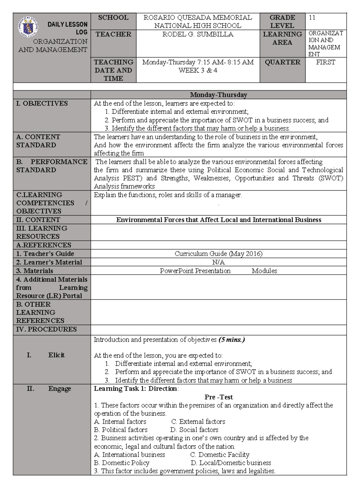 Orgman-DLL-WEEK4: Environmental Forces & SWOT Analysis in Business ...